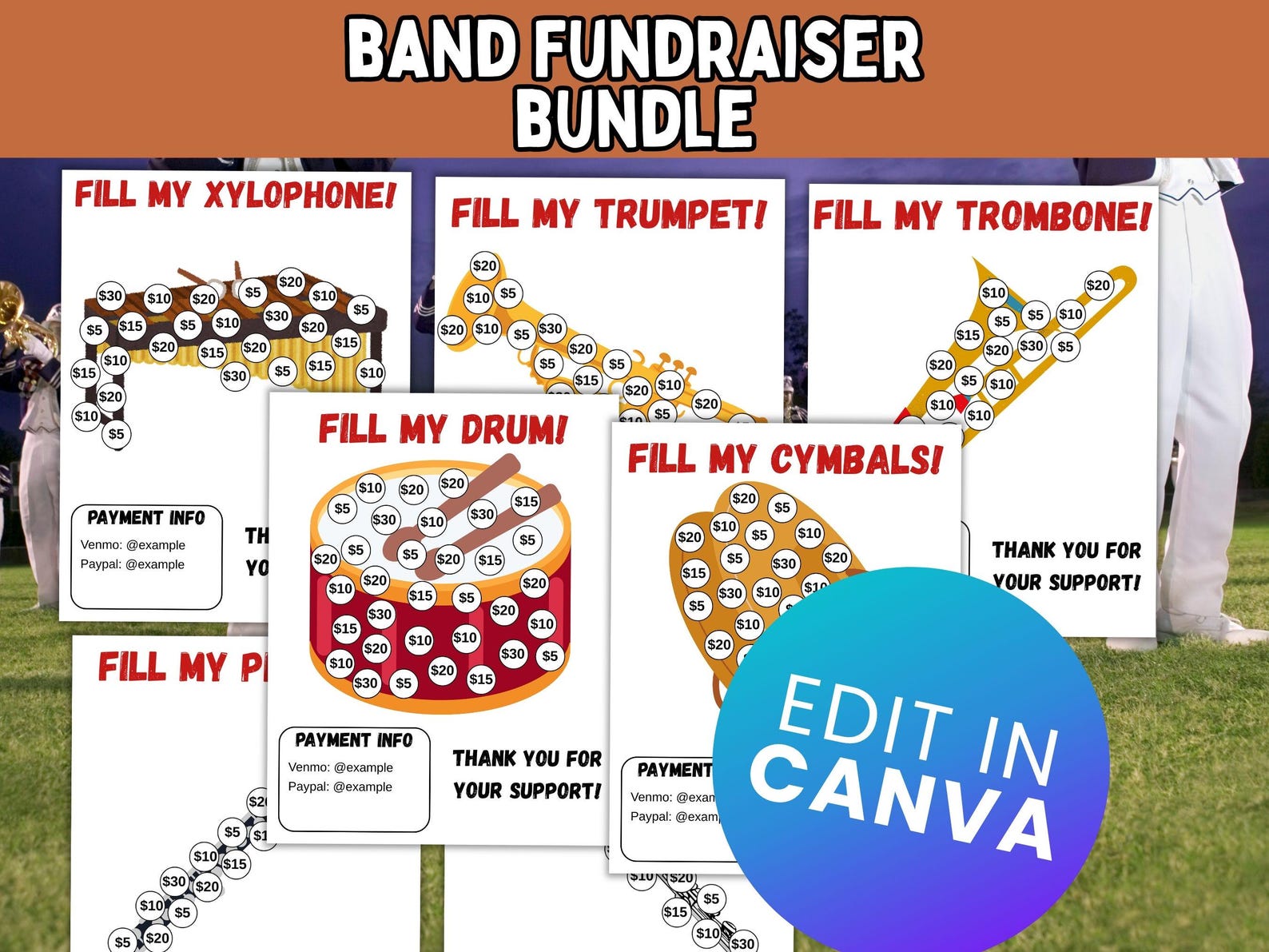 Editable Marching Band Fundraiser Bundle; 7 Instruments for Full ...