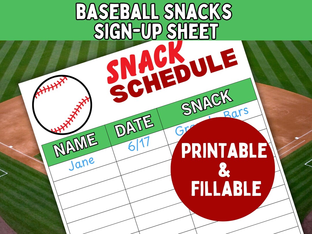 Baseball Snacks Sign up Sheet PDF; Printable & Fillable Game Day Sign ...