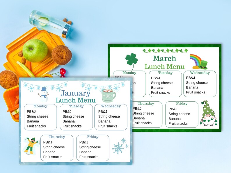 Kids School Lunch Menu Monthly Lunch Menu Template Fillable and Printable Holiday Lunch Planner ...