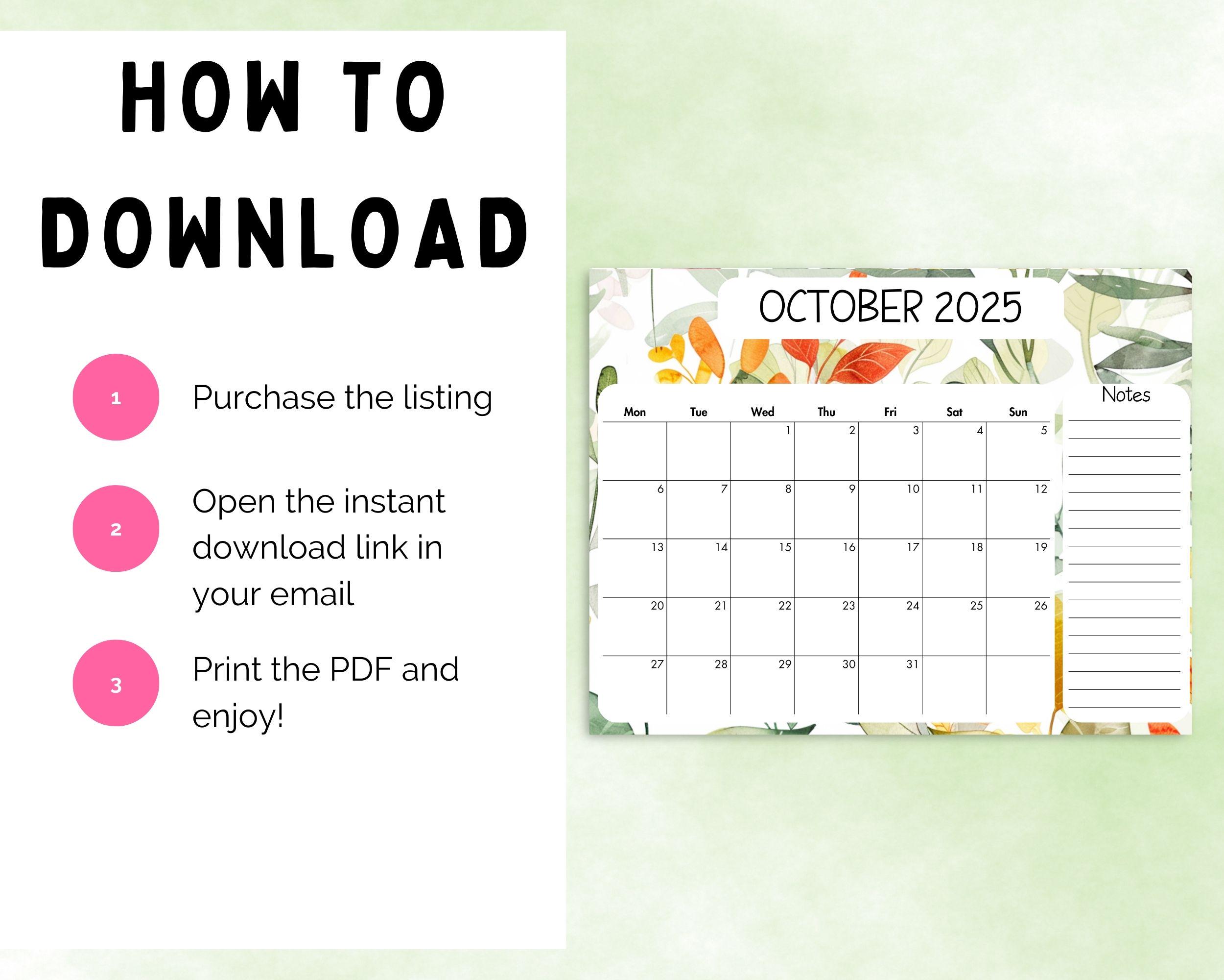 2025 Botanical Calendar Printable; Watercolor Plants Calendar PDF ...