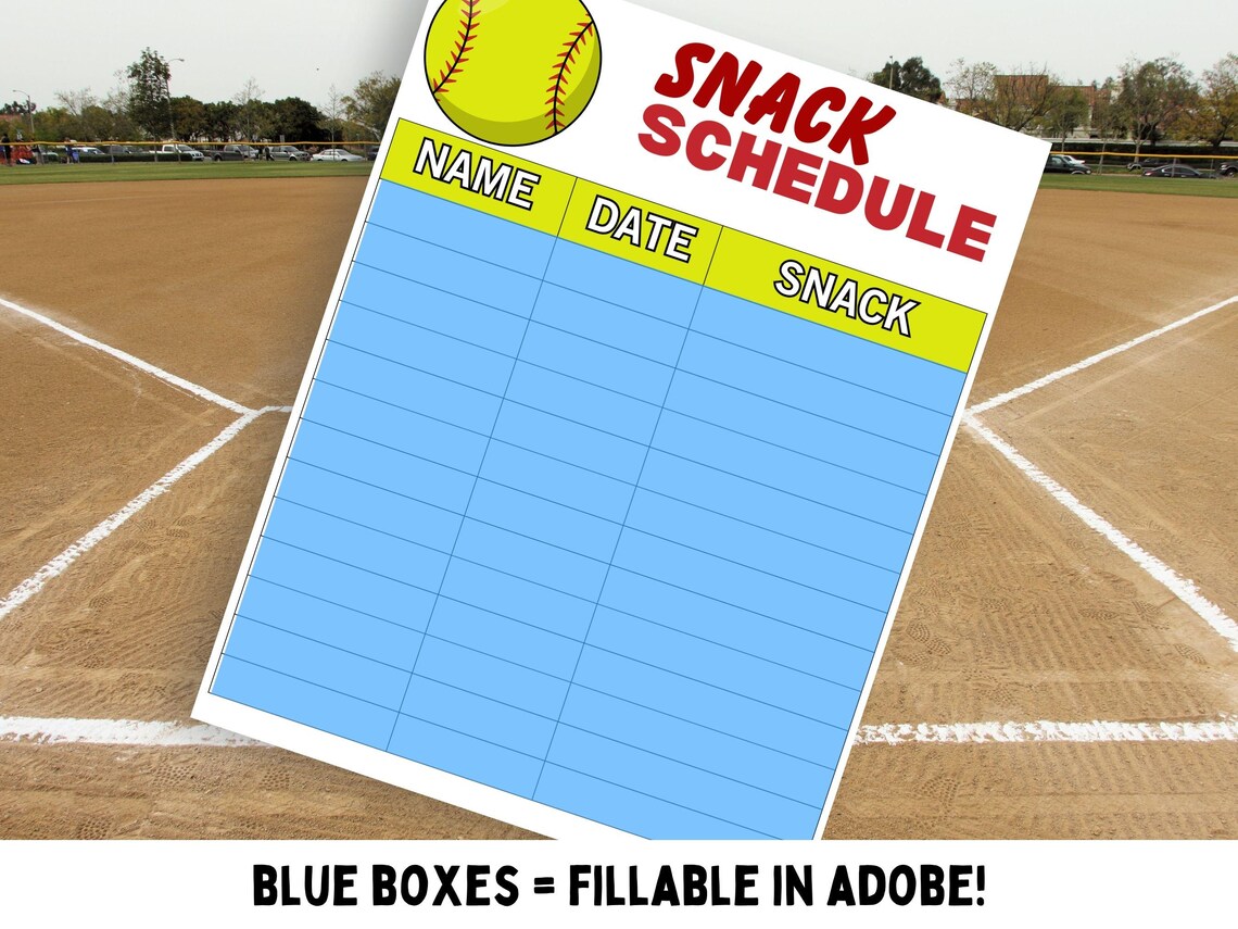 Softball Snacks Sign up Sheet PDF; Printable & Fillable Game Day Sign ...