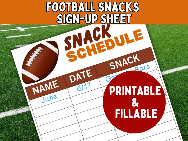 Football Snacks Sign up Sheet PDF; Printable & Fillable Game Day Sign ...