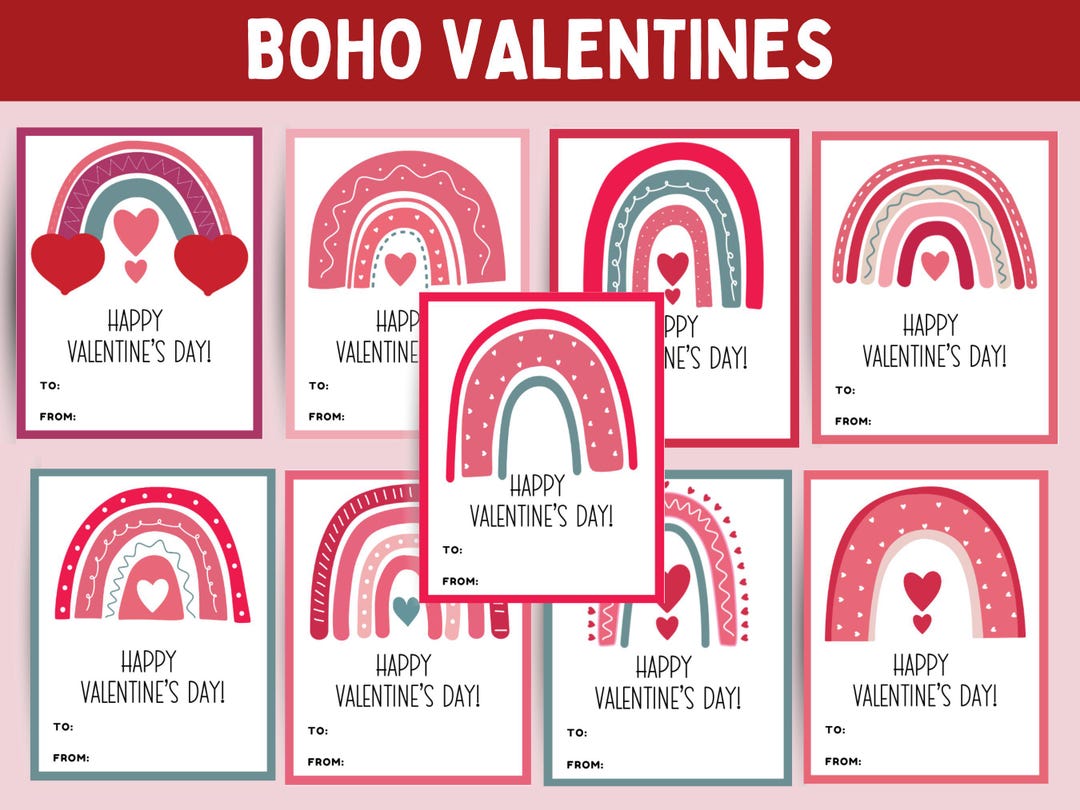 Boho Rainbow Printable Valentine Cards; Classroom Valentines PDF; Boho ...