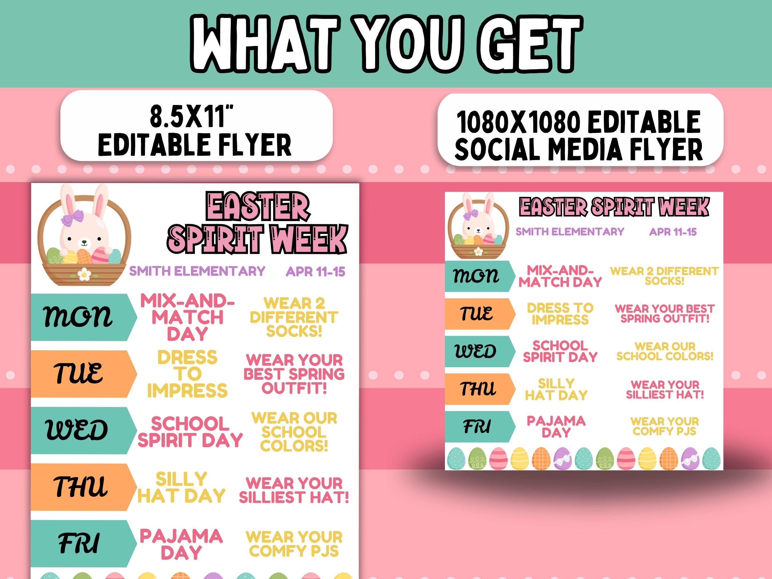 Editable Easter Spirit Week Flyer; for Elementary School PTO and PTA ...