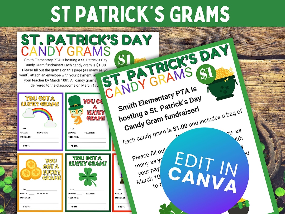 Editable St. Patrick's Day Candy Grams; PTO PTA School Fundraiser ...