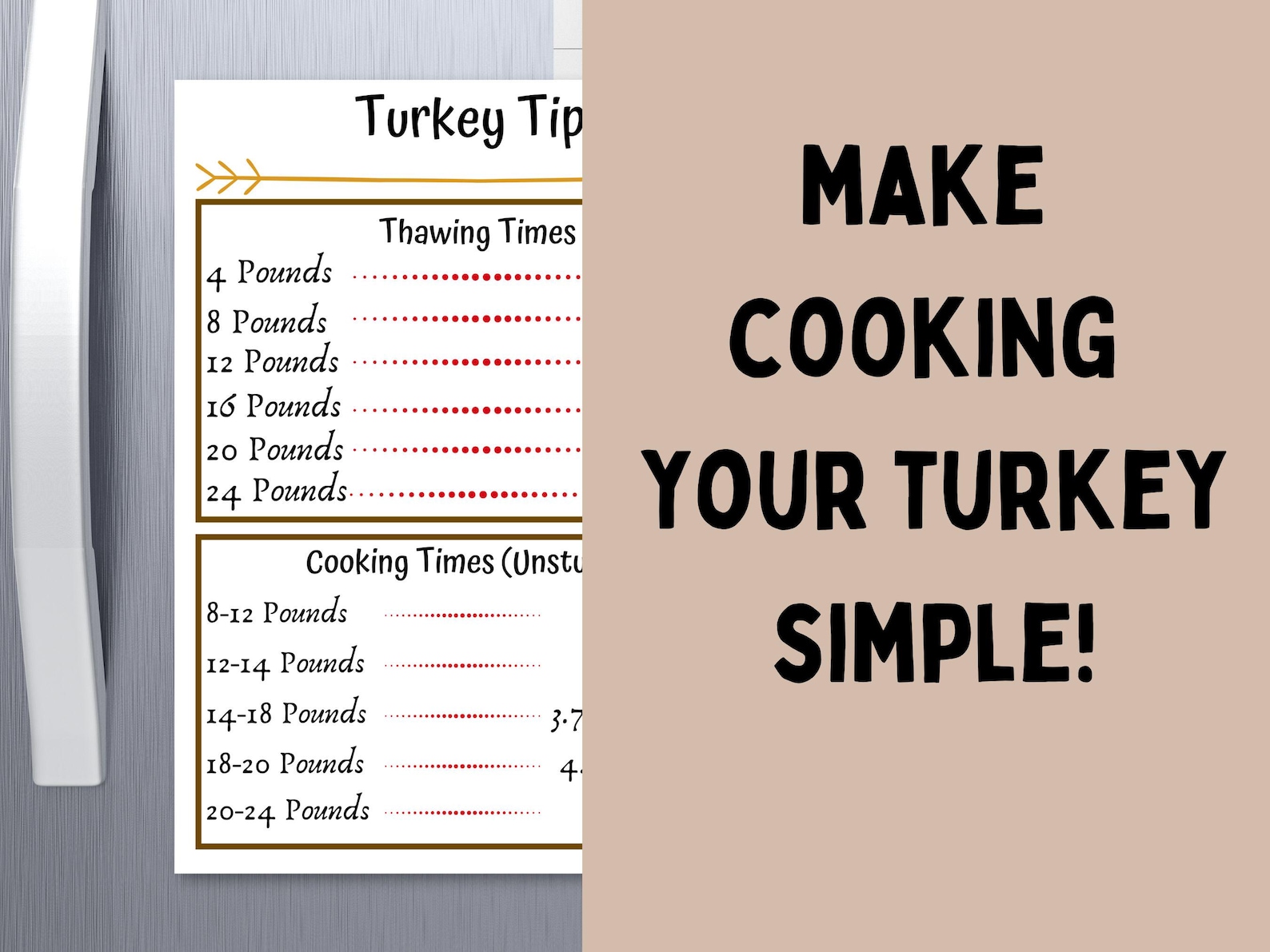 Printable Turkey Cooking Chart; Turkey Thawing and Cooking Times PDF ...