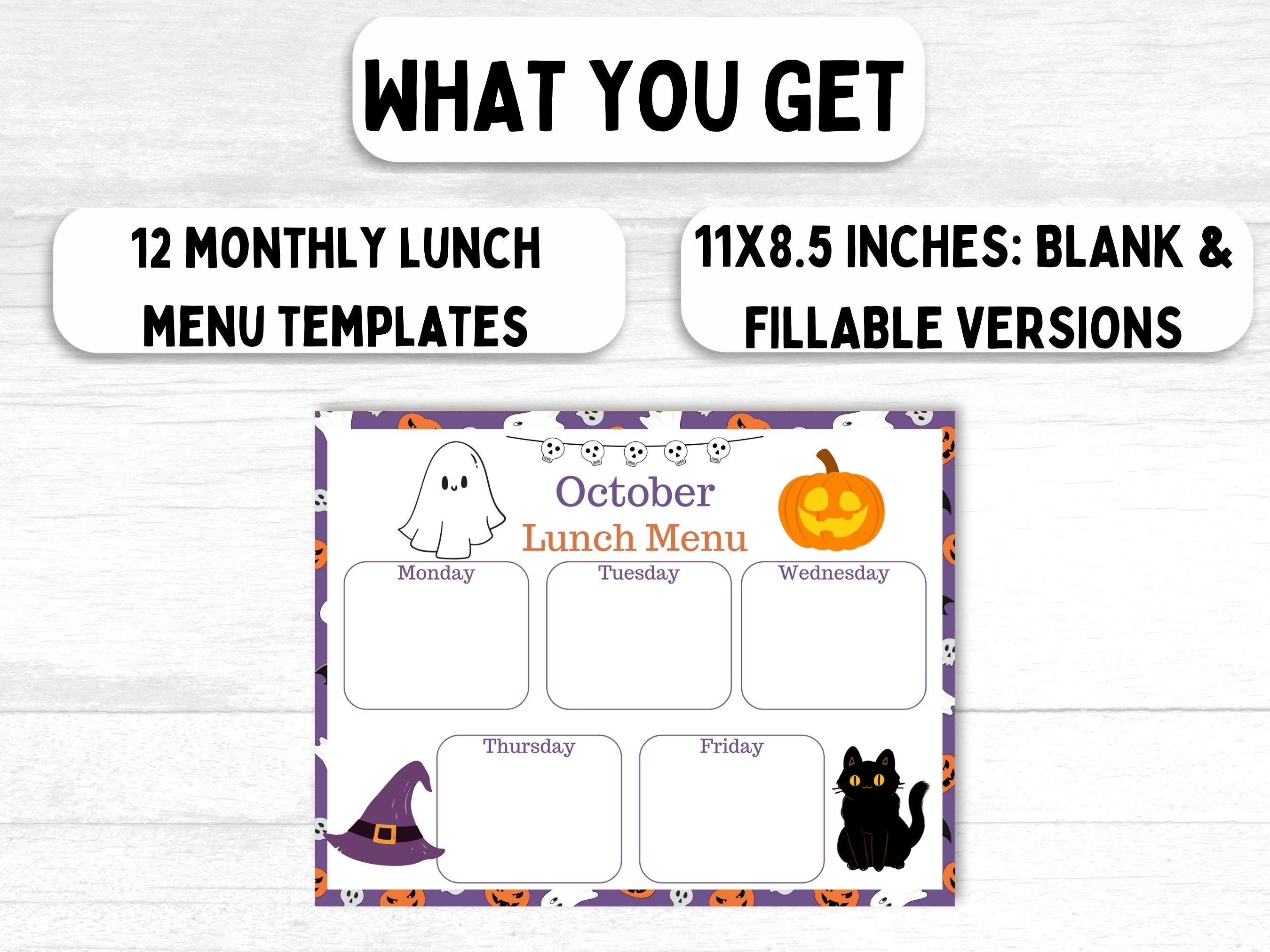 Kids School Lunch Menu Monthly Lunch Menu Template Fillable and ...