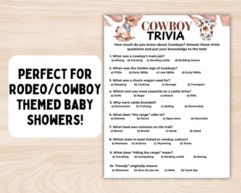 Cowboy Baby Shower Trivia Game Printable; Rodeo Baby Shower Activity ...