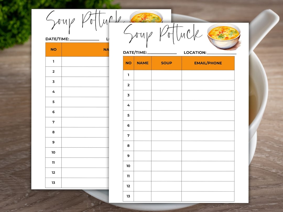 Soup Potluck Sign up Sheet PDF Printable Soup Sign up Sheet Soup ...