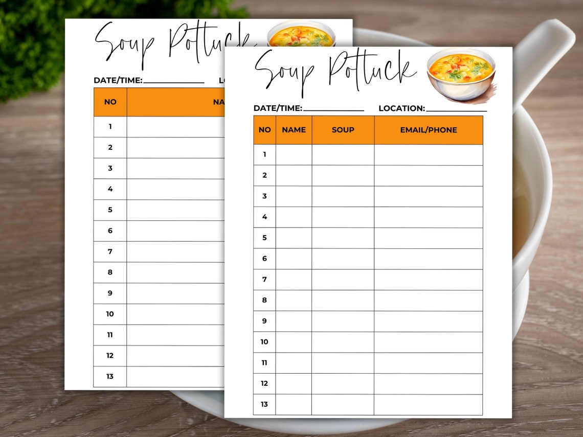 Soup Potluck Sign up Sheet PDF Printable Soup Sign up Sheet Soup ...