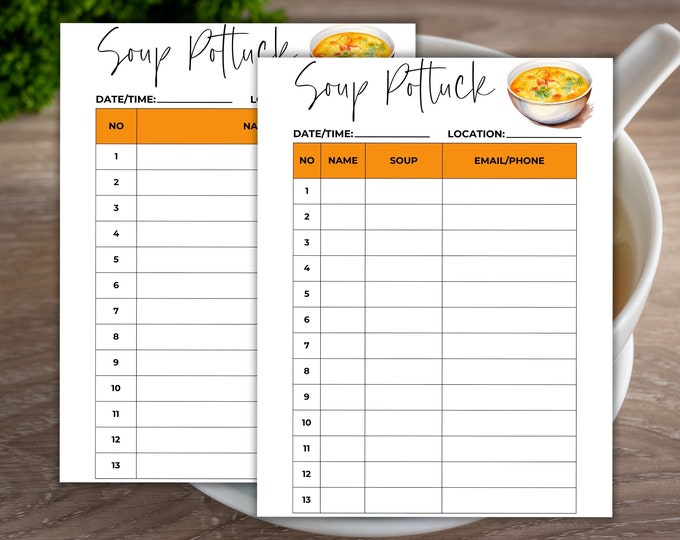Soup Potluck Sign up Sheet PDF Printable Soup Sign up Sheet Soup ...