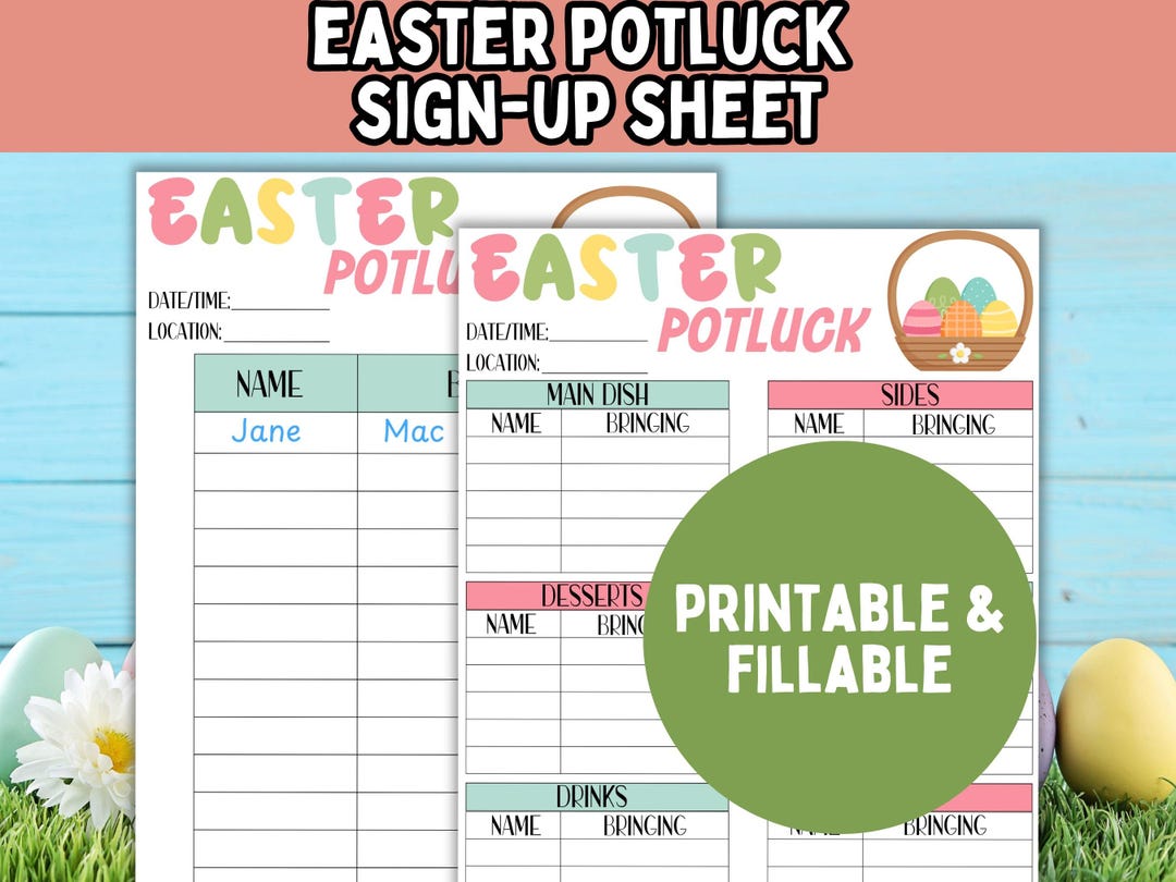 Easter Potluck Sign up Sheet PDF; Printable & Fillable Easter Sign up ...