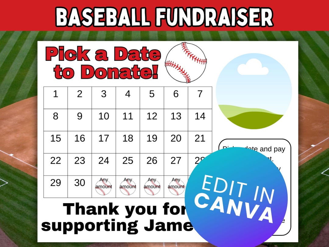 Editable Baseball Calendar Fundraiser; Pick a Date Fundraiser; Baseball ...