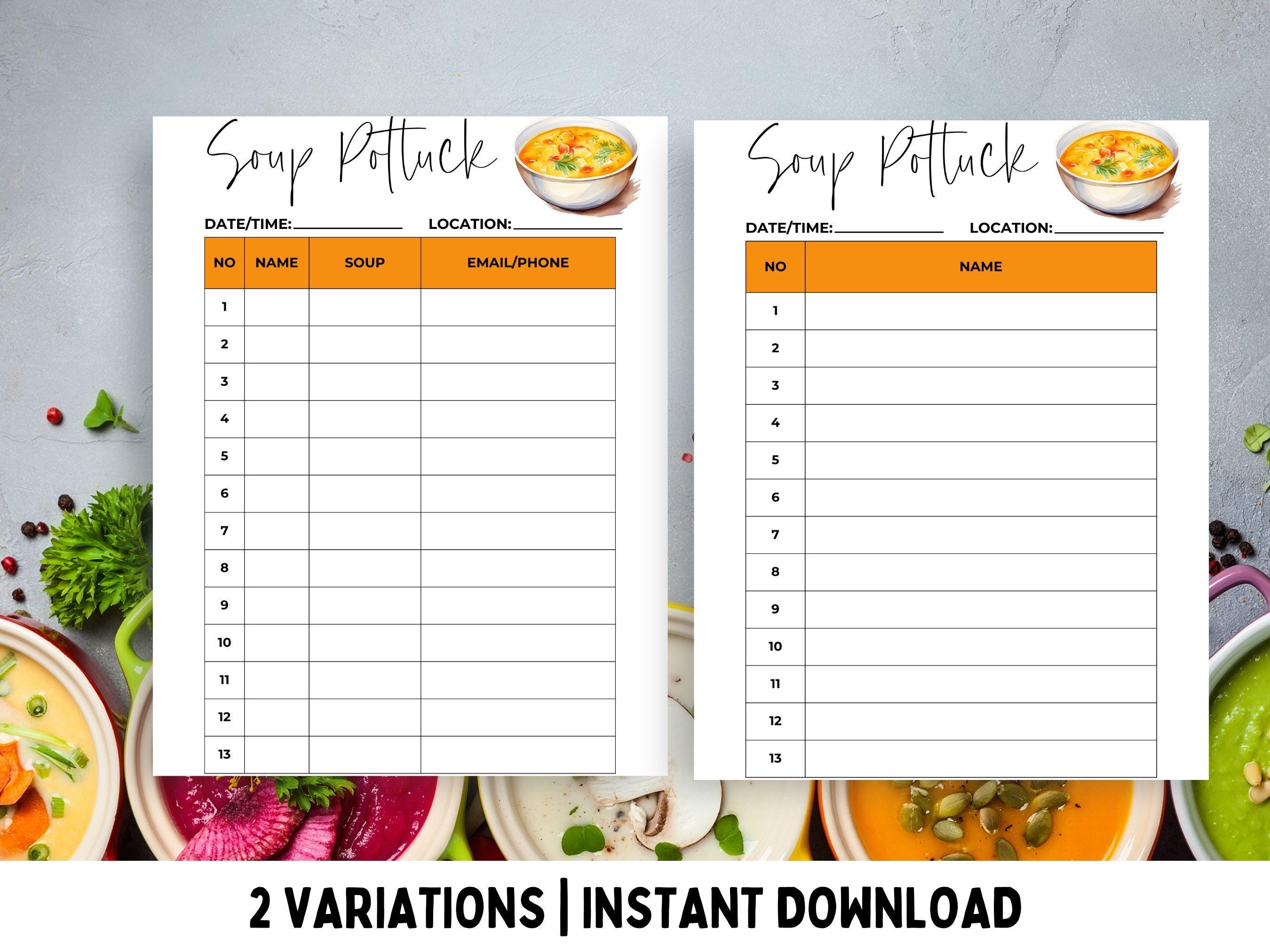 Soup Potluck Sign up Sheet PDF; Printable & Fillable Soup Sign up Sheet ...