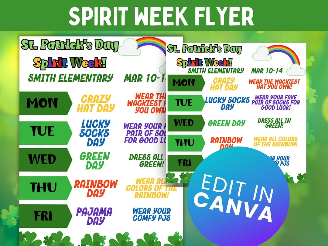 Editable St Patrick's Day Spirit Week Flyer; for Elementary School PTO ...