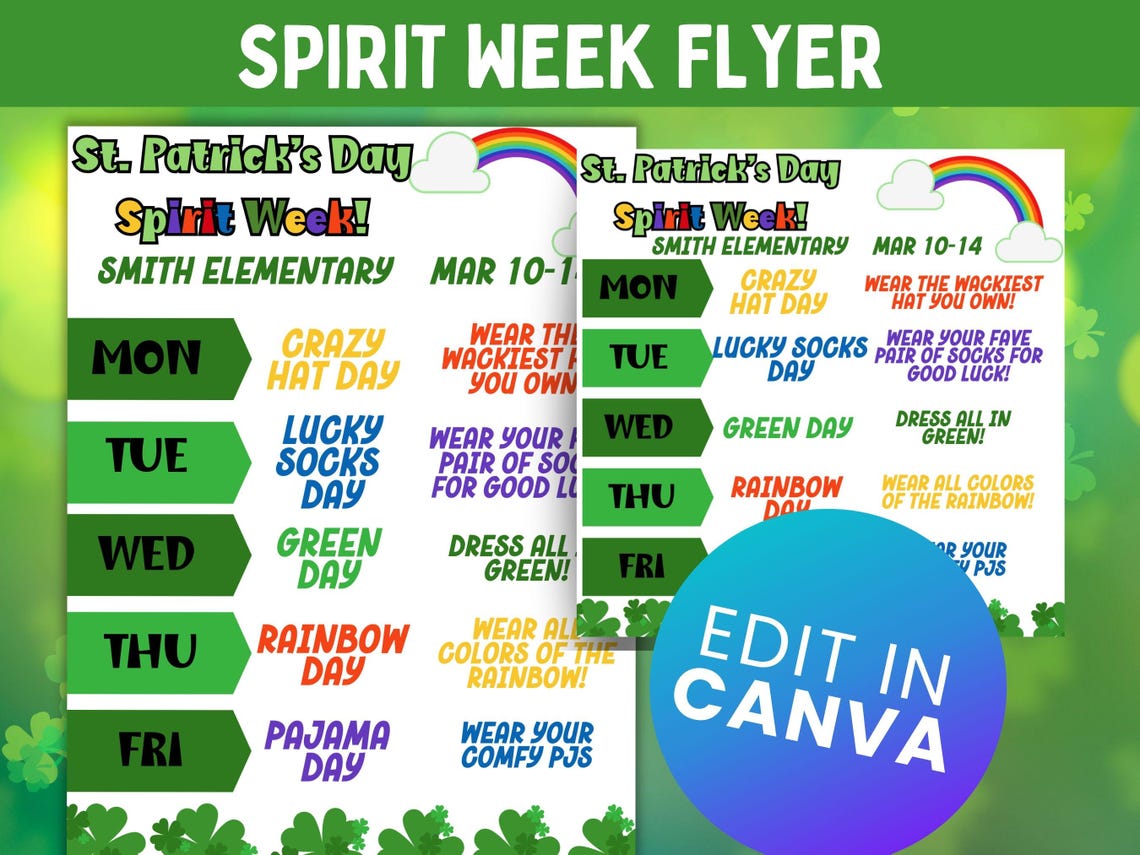 Editable St Patrick's Day Spirit Week Flyer; for Elementary School PTO ...