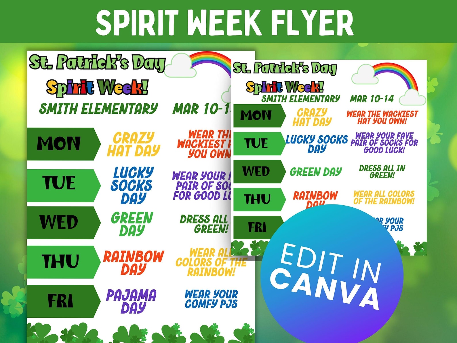 Editable St Patrick's Day Spirit Week Flyer; for Elementary School PTO ...