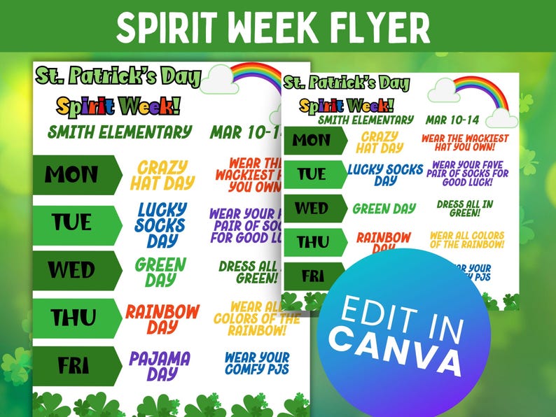 Editable St Patrick's Day Spirit Week Flyer; for Elementary School PTO ...