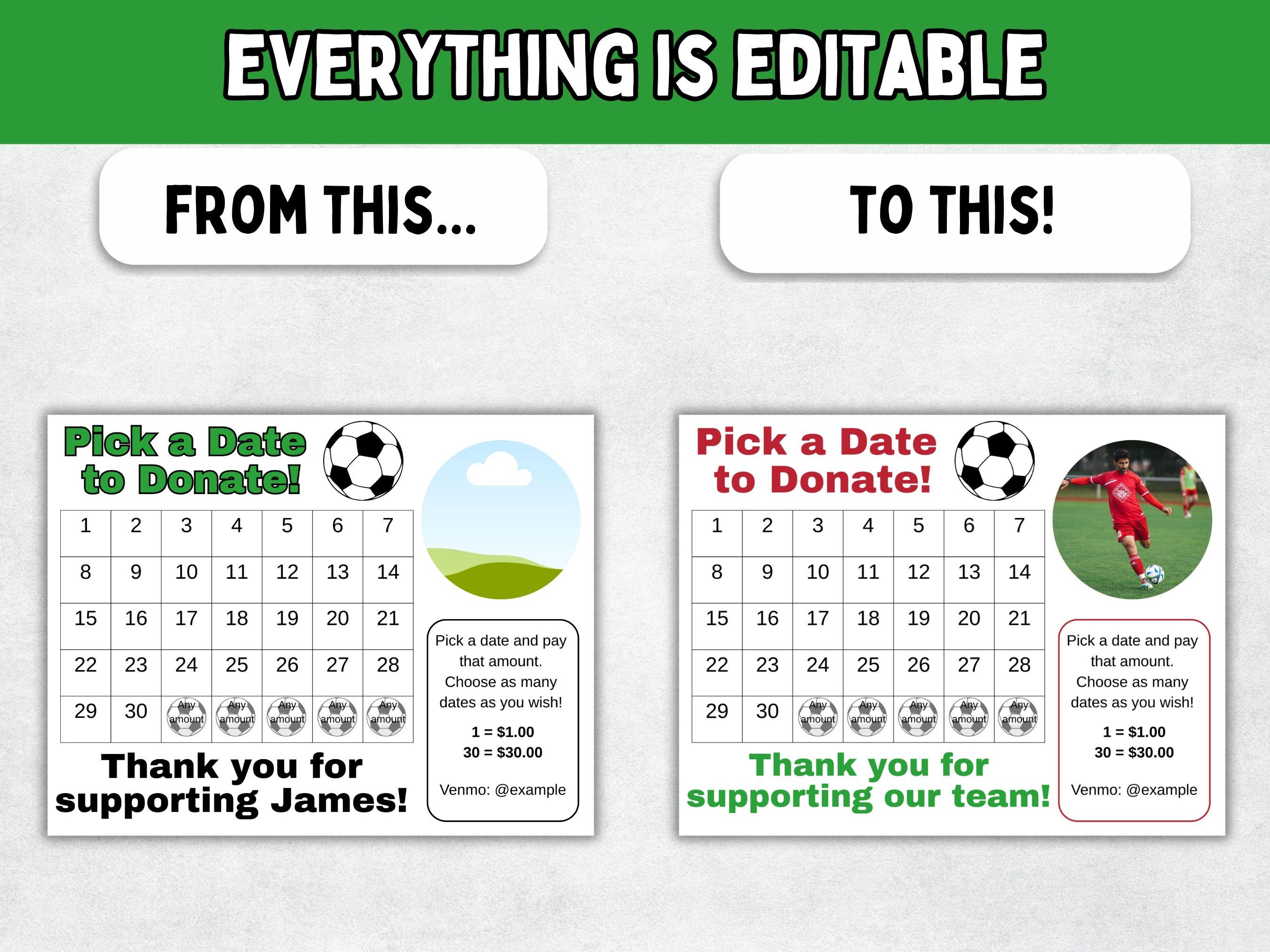 Editable Soccer Calendar Fundraiser; Pick a Date Fundraiser; Soccer ...