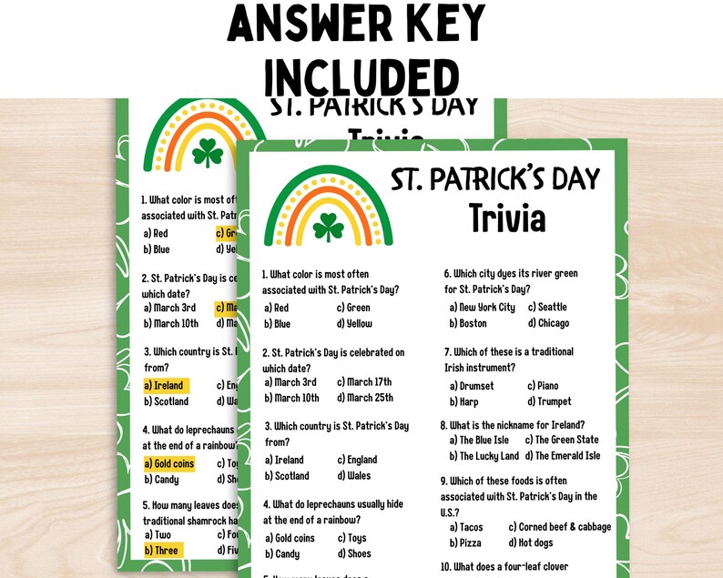 St. Patrick's Day Trivia Game Printable for Kids; Printable Party Game ...