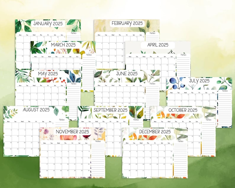 2025 Botanical Calendar Printable; Watercolor Plants Calendar PDF ...