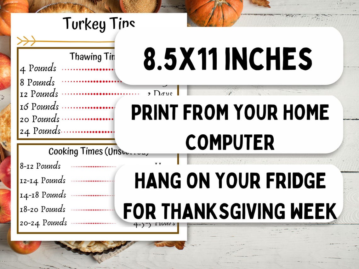 Printable Turkey Cooking Chart; Turkey Thawing and Cooking Times PDF ...
