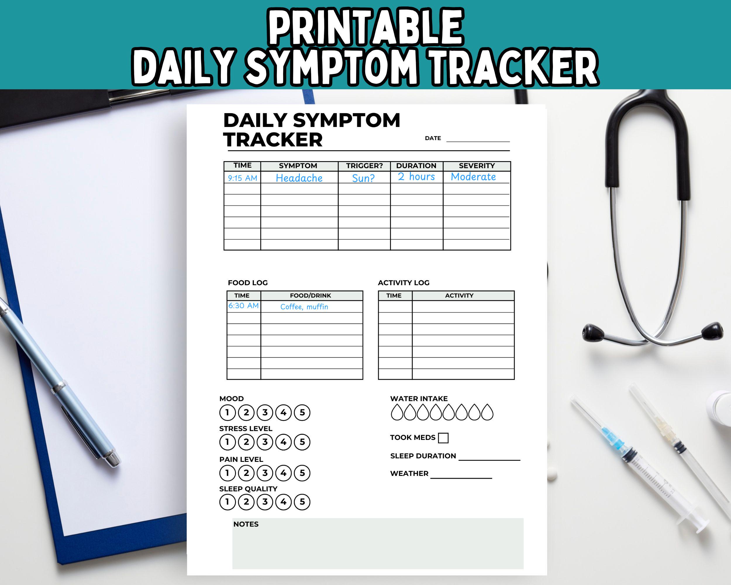 Printable Daily Symptom Log; Daily Symptom Tracker PDF; Wellness ...