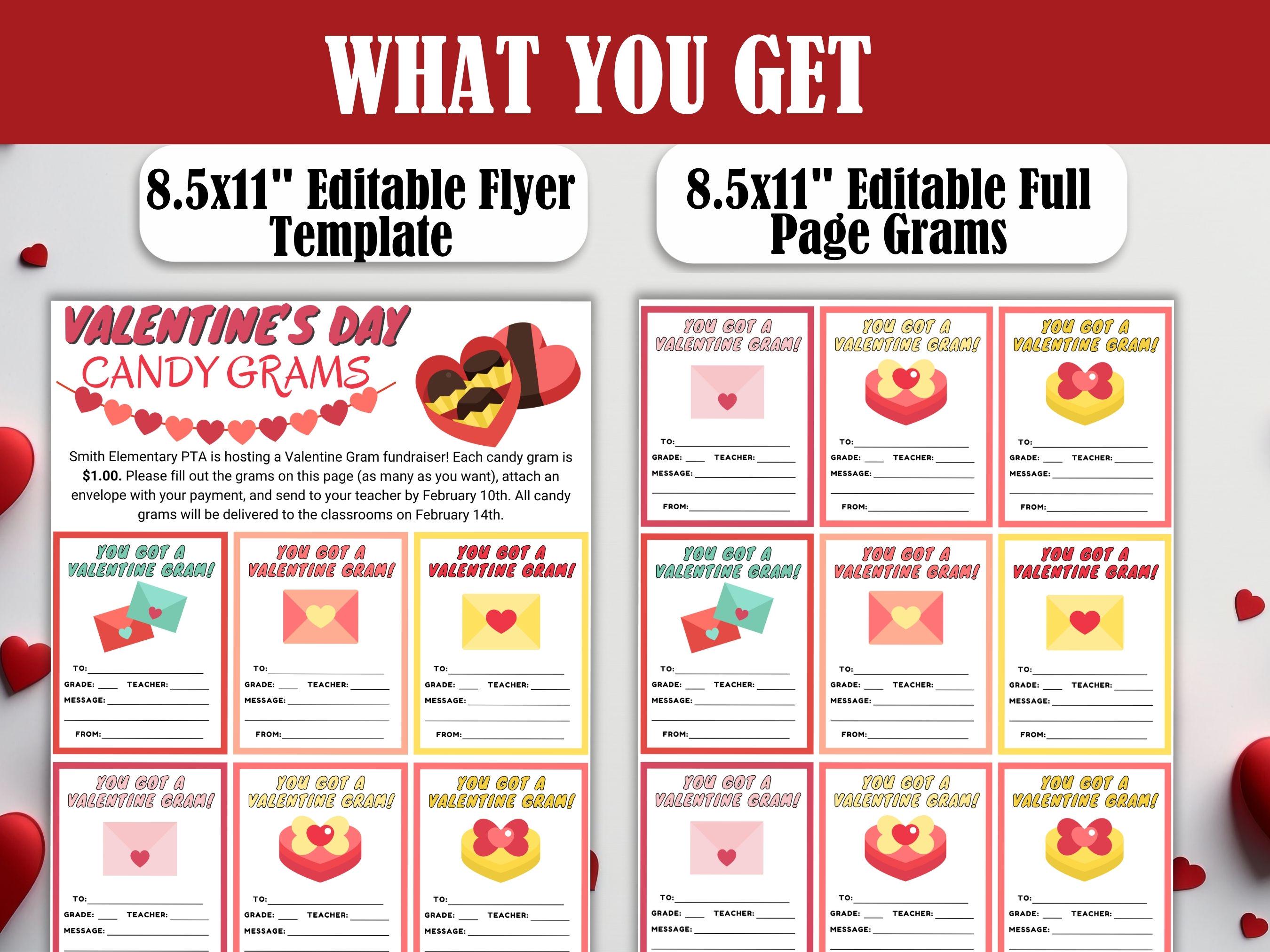 Editable Valentines Day Candy Grams; PTO PTA School Fundraiser; Candy ...
