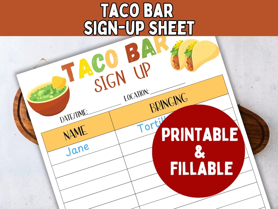 Taco Bar Potluck Sign up Printable; Sign up Sheet for Taco Fiesta PDF ...