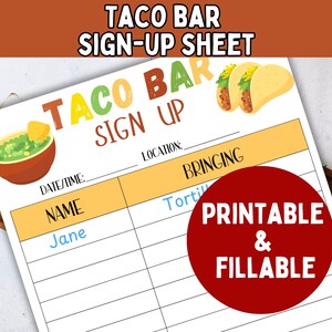 Taco Bar Potluck Sign up Printable; Sign up Sheet for Taco Fiesta PDF ...