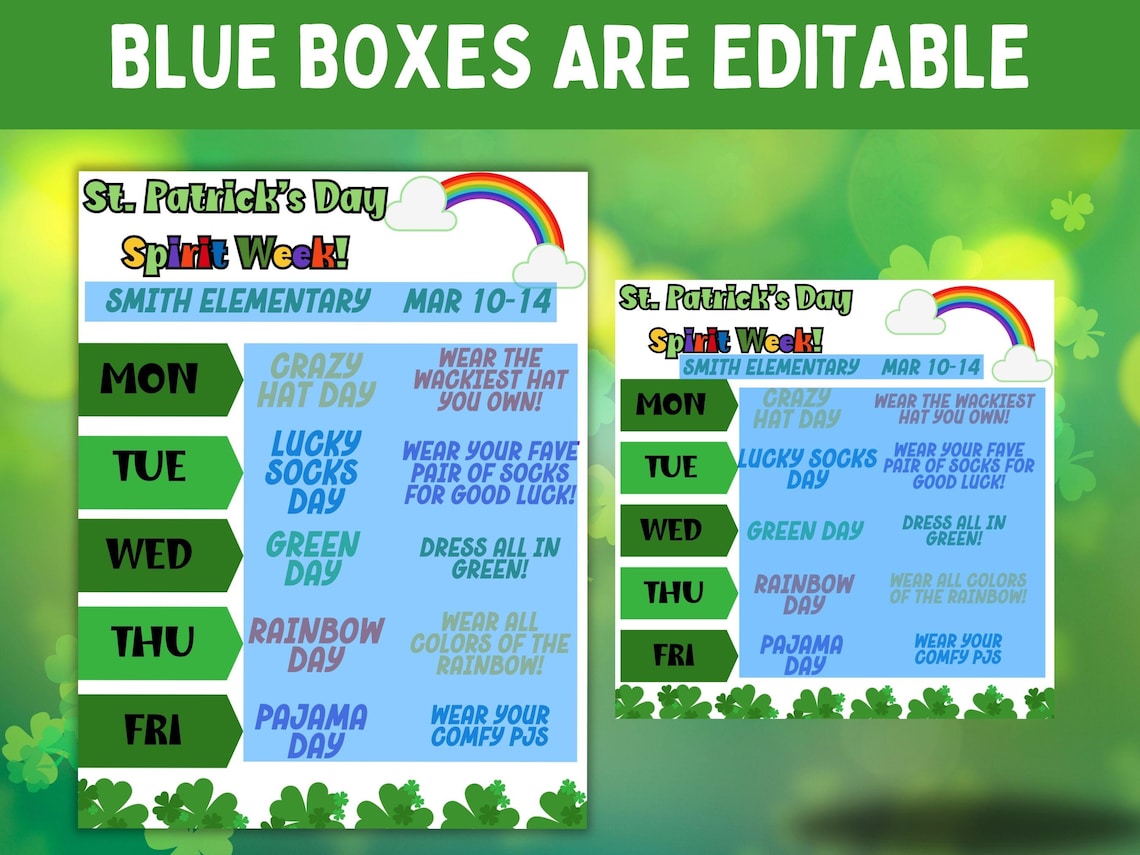 Editable St Patrick's Day Spirit Week Flyer; for Elementary School PTO ...
