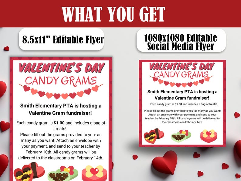 Editable Valentines Day Candy Grams; PTO PTA School Fundraiser; Candy ...