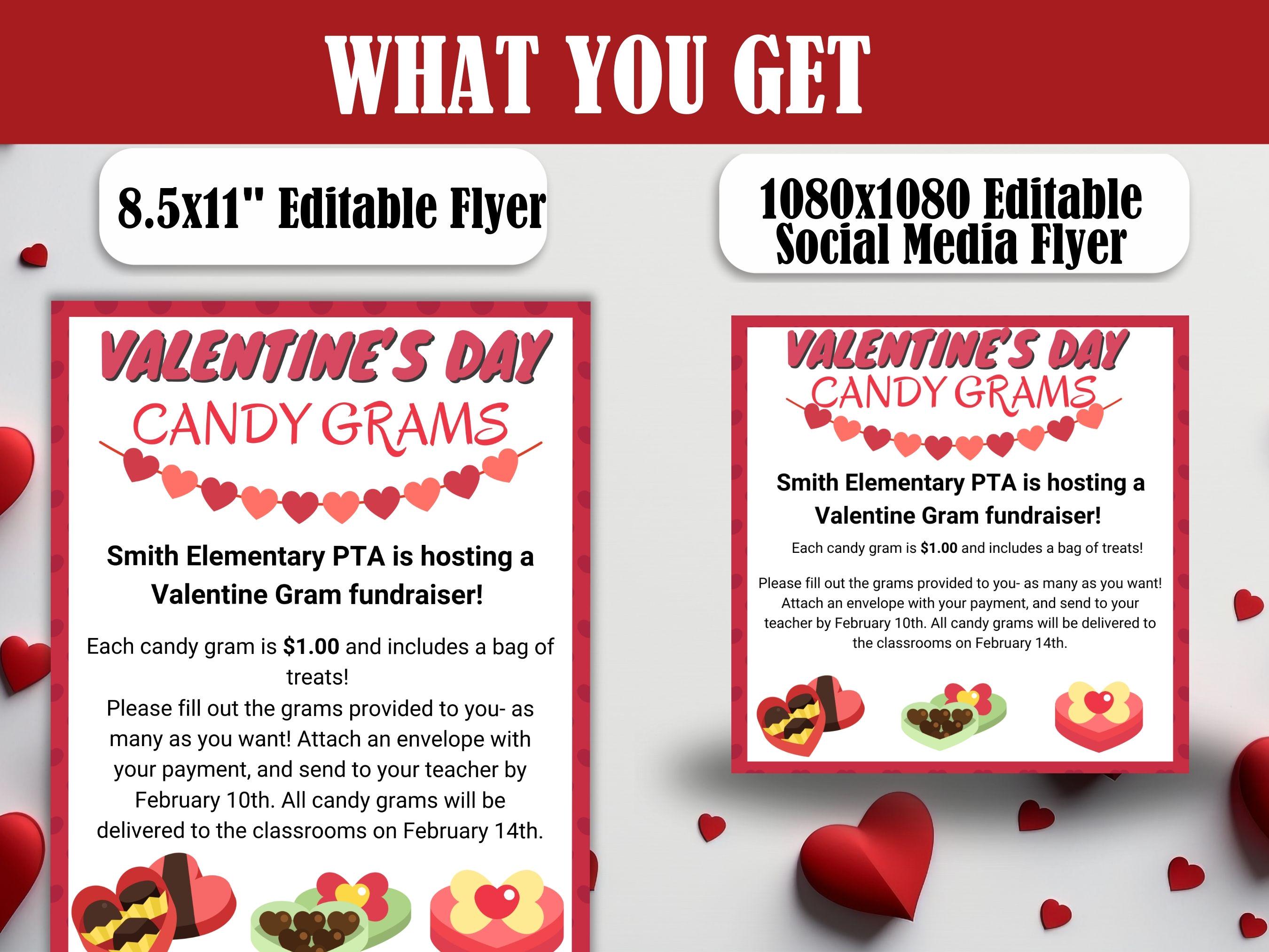 Editable Valentines Day Candy Grams; PTO PTA School Fundraiser; Candy ...
