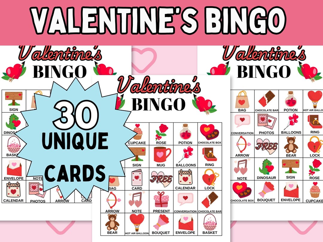 Valentine's Day Bingo Game; Printable Valentine Bingo; 30 Bingo Cards ...