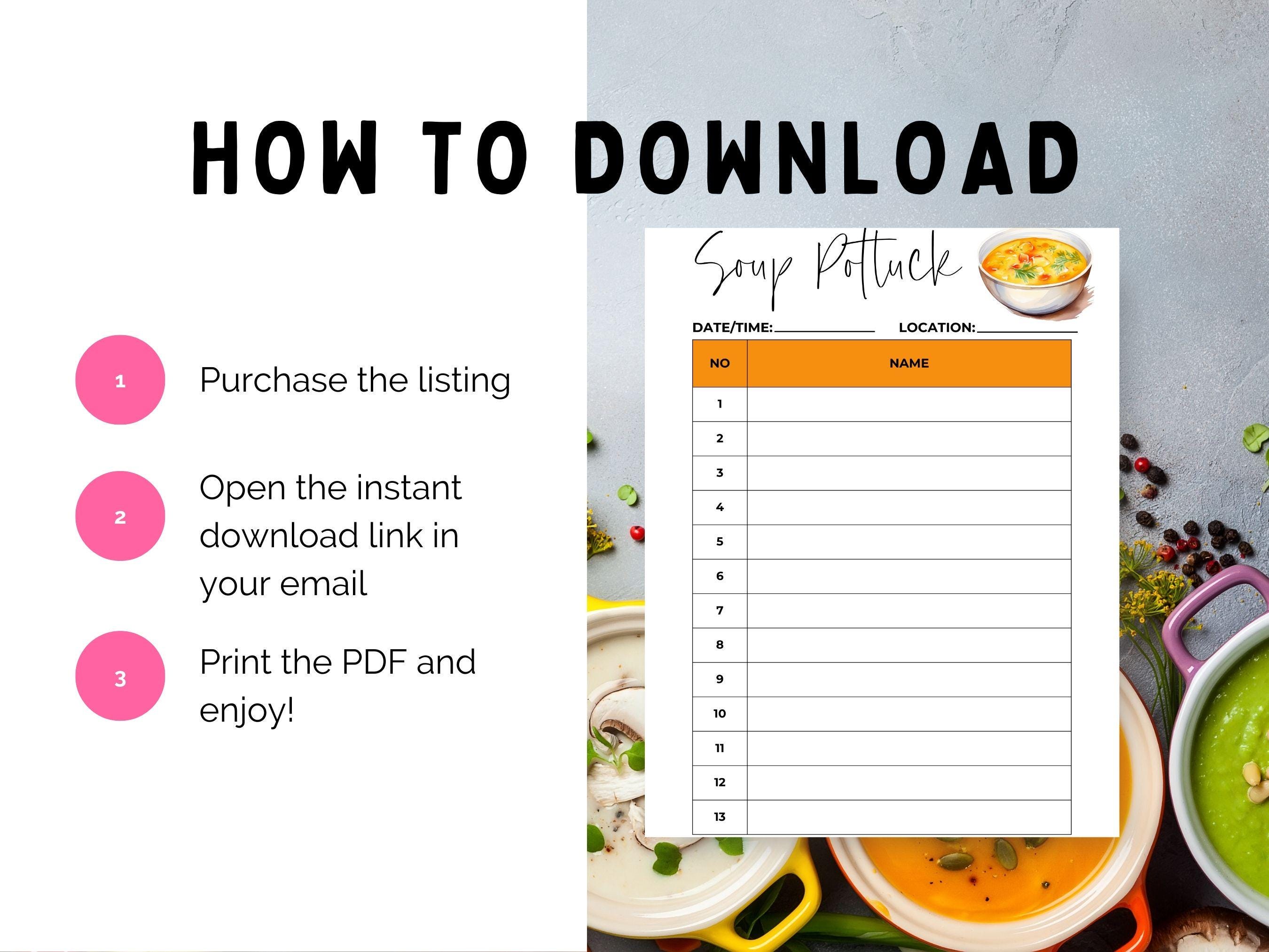 Soup Potluck Sign up Sheet PDF; Printable & Fillable Soup Sign up Sheet ...