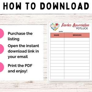 Teacher Appreciation Potluck Sign up Sheet PDF; Printable Teacher ...