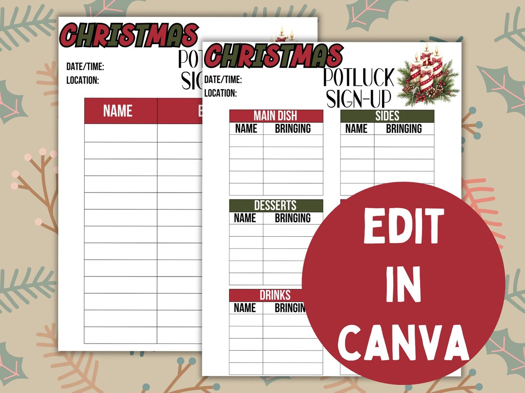 Editable Christmas Potluck Sign up Sheet; Editable in Canva and ...