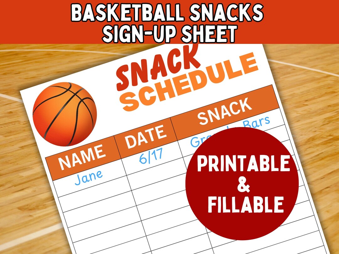 Basketball Snacks Sign up Sheet PDF; Printable & Fillable Game Day Sign ...