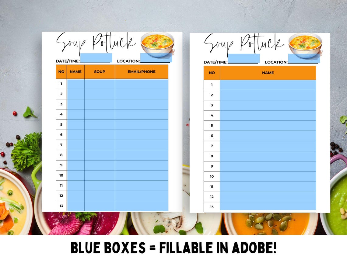 Soup Potluck Sign up Sheet PDF; Printable & Fillable Soup Sign up Sheet ...