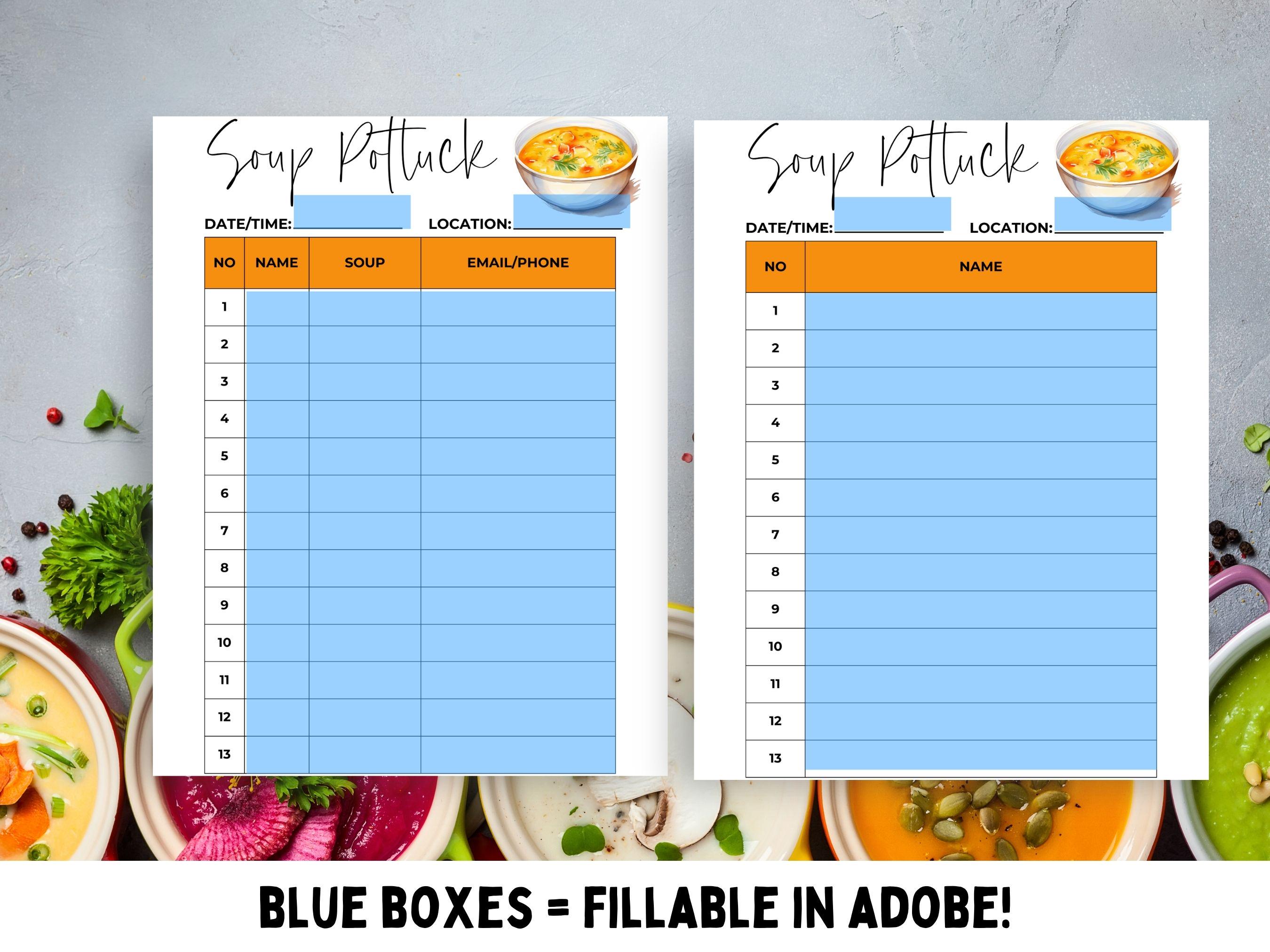 Soup Potluck Sign up Sheet PDF; Printable & Fillable Soup Sign up Sheet ...