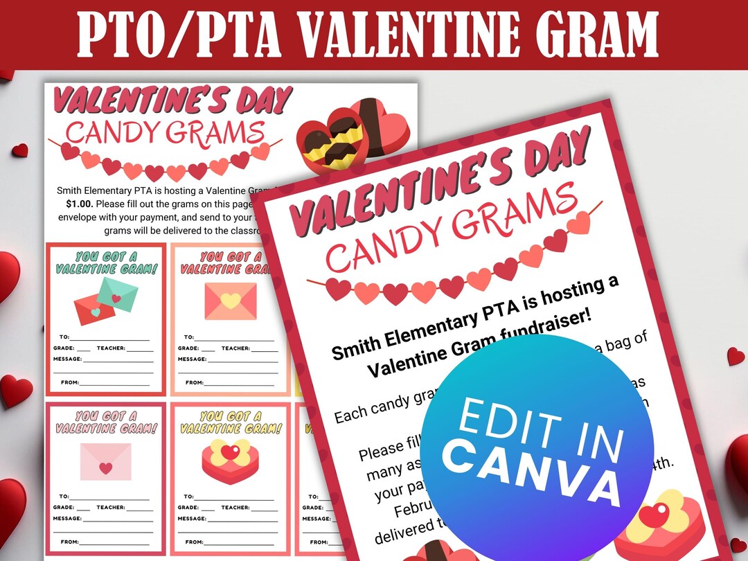 Editable Valentines Day Candy Grams; PTO PTA School Fundraiser; Candy ...