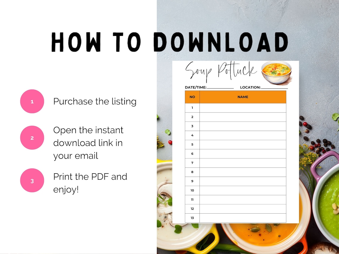 Soup Potluck Sign up Sheet PDF Printable Soup Sign up Sheet Soup ...
