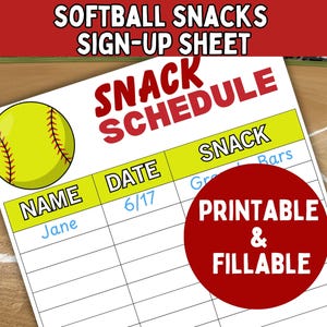 Softball Snacks Sign up Sheet PDF; Printable & Fillable Game Day Sign ...
