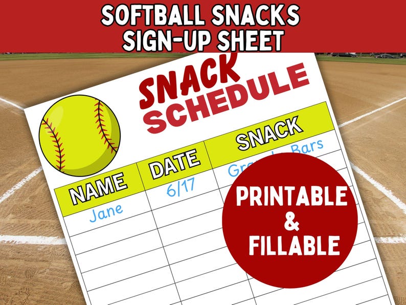 Softball Snacks Sign up Sheet PDF; Printable & Fillable Game Day Sign ...