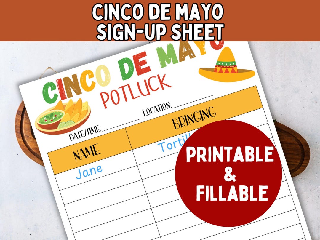 Cinco De Mayo Potluck Sign up Printable; Sign up Sheet for Taco Fiesta ...