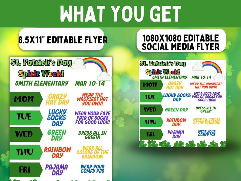 Editable St Patrick's Day Spirit Week Flyer; for Elementary School PTO ...