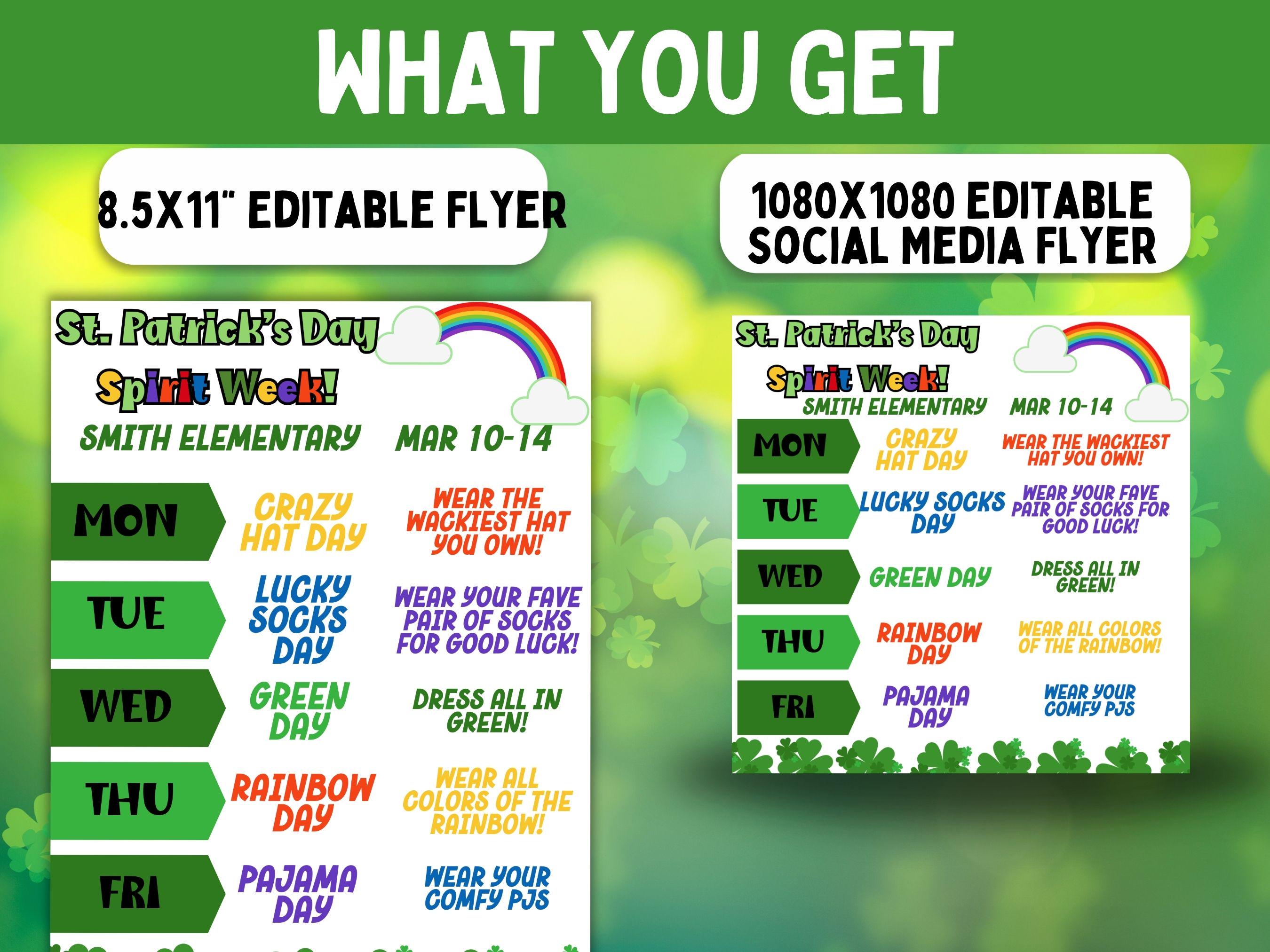 Editable St Patrick's Day Spirit Week Flyer; for Elementary School PTO ...