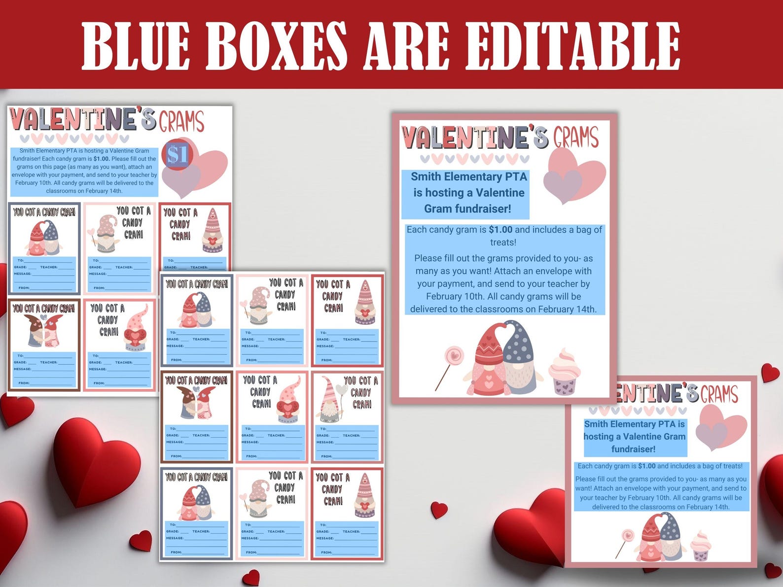 Editable Valentines Day Candy Grams Boho Valentines Gnome PTO PTA ...