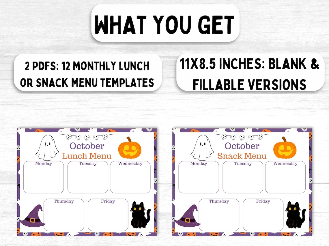 Kids School Lunch Menu; Monthly Lunch & Snack Menu Templates; Fillable ...