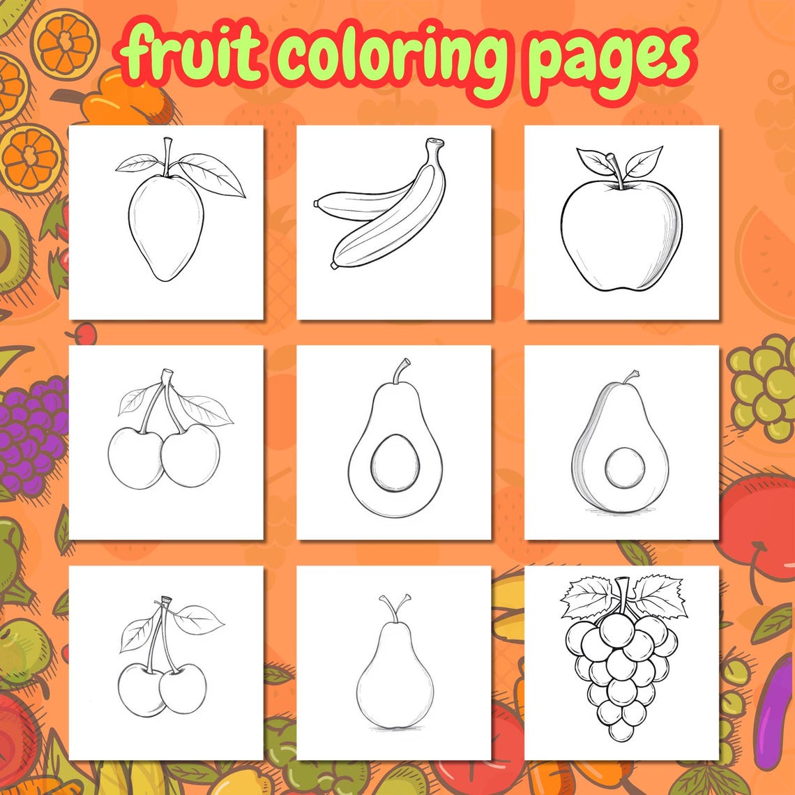 Fruits Coloring Pages for Kids, Printable Fruit Coloring Books, 50 ...